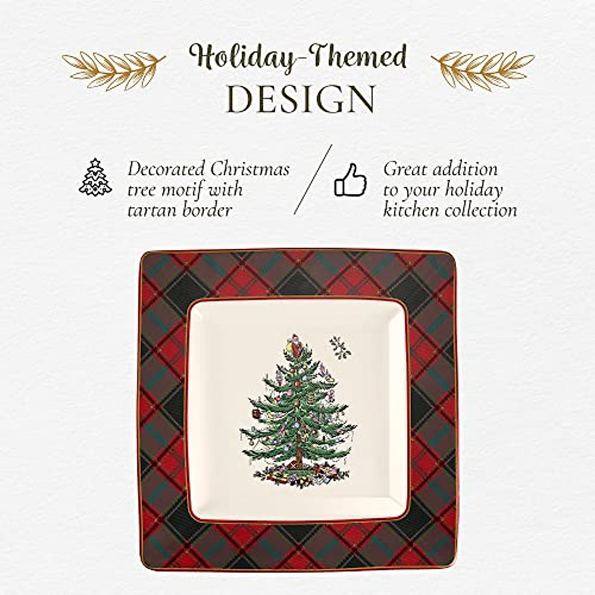 Spode Christmas Tree Tartan Square Platter | Serving Platter for the Holidays | Christmas Serving Dishes for Entertaining - Fine Bone China | Serving Platters for Serving Food - 10 Inches