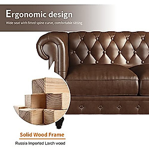 Kadway Brown Leather Sofa Couch, 89" Chesterfield Button-Tufted Couch for 3-4 Persons, Upholstered 3 Seater Couches, Large Sectional Sofa Couch, Deep Seat Sofa for Living Room Apartment Home Office