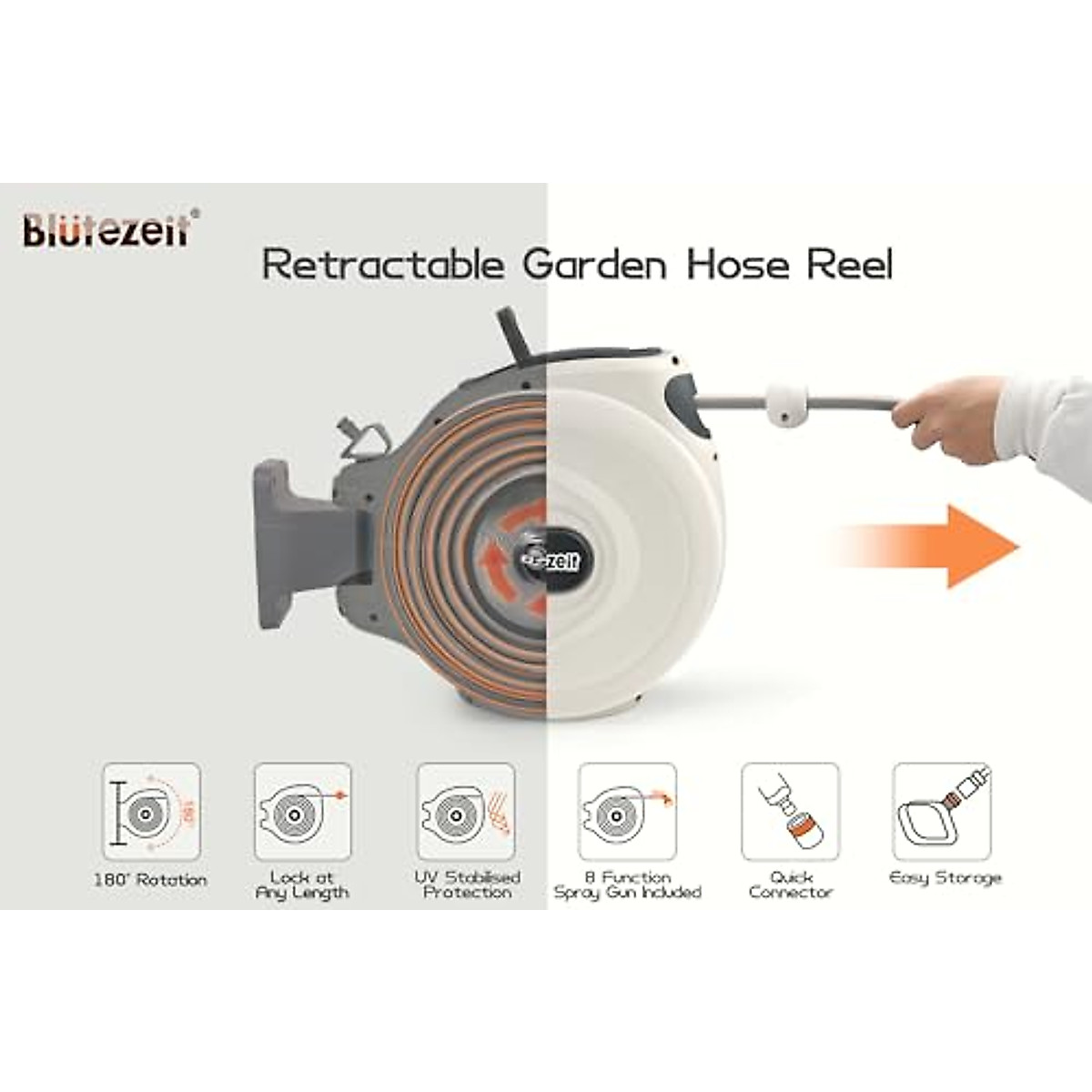 Blütezeit Retractable Garden Hose Reel, 1/2'' x 65FT+6FT Wall Mount Water Hose Reel, 8 Function Hose Nozzle, Any Length Lock, 180° Swivel Bracket, Automatic Slow Rewind System
