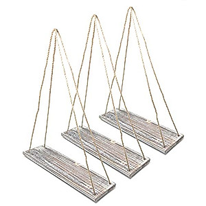 MtnGift Farmhouse Boho Rustic Rope Hanging Shelf - Floating Wooden Decorative Wall Swing Shelves (Set of 3)