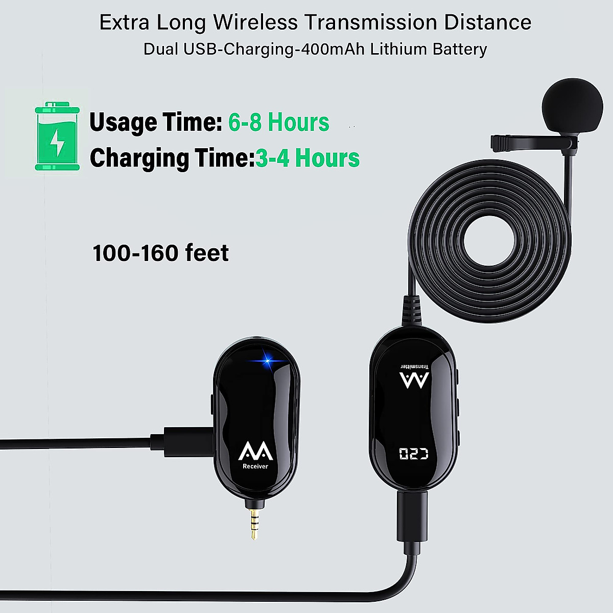 Wireless Lavalier Microphone System Wireless Lapel Mic Micro Rechargeable Recording with Monitor Jack for iPhone iPad Smartphone Camera Laptop YouTube Interview Vlog Video