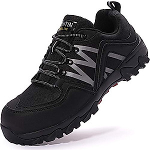 WHITIN Steel Toe Shoes Men Composite Toe Indestructible Steal Toed Steeltoe Size 12 Comfortable Fashion Lightweight Nonslip Working Footwear with Thick Sole Black