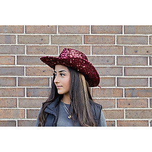 Funky Junque Women's Cowboy Hat - Large Sequin w/Suede String - Maroon Berry