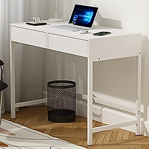 Treocho Computer Desk, Modern Simple 40 inch White Desk with 2 Drawers, Vanity Desk, Makeup Table for Home Office, Bedroom