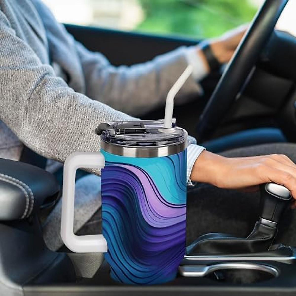 LLUTSNTH 40 Oz Vacuum Tumbler with White Handle Leakproof Insulated Tumbler Wavy Purple Stainless Steel Travel Mug with Lid And Straw Coffee Cup Cute Water Bottles Cup Holder Friendly