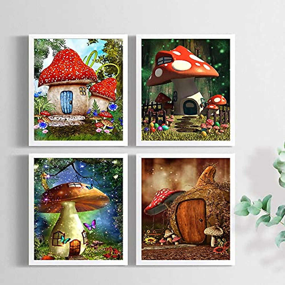 Cartoon Mushroom Posters Fungus Wall Art, Fairy Tale Themed Red Mushroom House Plant Forest Art Prints, Mushroom Posters for Children's Room Bedroom Kindergarten Decor，Set of 6-(8"x10" Unframed)
