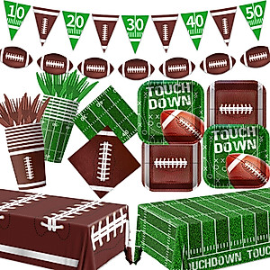 178Pcs Football Party Supplies Includes Dinner Plates, Dessert Plates, Napkins, Cups,Banner and Touchdown Tablecloth for Football Birthday Party Football Gameday Tailgate Party Decorations Serve 25