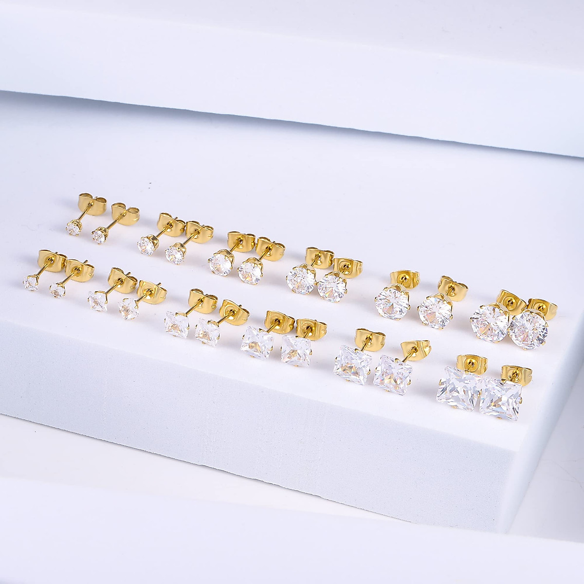 COZLANE Gold Stud Earrings For Men Women Multipack Stainless Steel Cubic Zirconia Earrings Studs Gold Hypoallergenic Earrings Sets For Women(12 Pairs,3-8 MM)