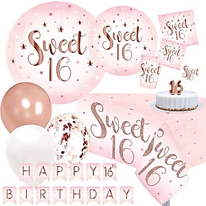 Sweet 16 Rose Gold Birthday Party Supplies, Serves 24 Guests, Includes Cups, Plates, Napkins, Table Covers, Happy Birthday Banner, Cake Topper, Balloons, and Candle, Essentials for 16th Birthday Party