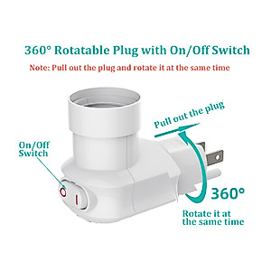 Borju Plug in Light Socket, Outlet to Socket Adapter, 360° Rotatable Plug with On/Off Switch, ETL Listed, White