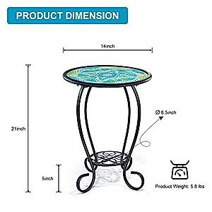 HONGLAND Mosaic Outdoor Side Table, 14" Round Patio Side Table, Mosaic Plant Stand, End Table W/Storage Shelf, Small Bistro Coffee Table for Garden Patio Porch Living Room(Green)