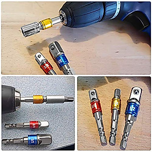 MAEXUS Impact Grade Socket Adapter Extension Set, Turns Power Drill Into High-Speed Nut Driver, 1/4" 3/8" 1/2" Drive, Socket to Drill Adapter for Impact Drivers (3 Pcs)