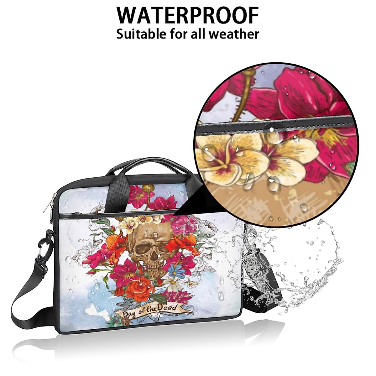 Sugar Skull Floral Laptop Computer Bag Waterproof Shoulder Messenger Bag 13-15 inch Durable Laptop Tote Bag with Shoulder Strap Handle Lightweight Crossbody Briefcase