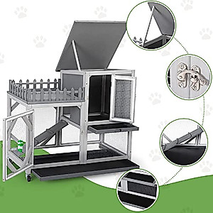 COZIWOW Rabbit Hutch with Balcony,Large Rabbit Cage Bunny Cage on Wheels,Guinea Pig Coop for Indoor Outdoor, Ramp, Pull-Out Tray, Water Bottle, Gray