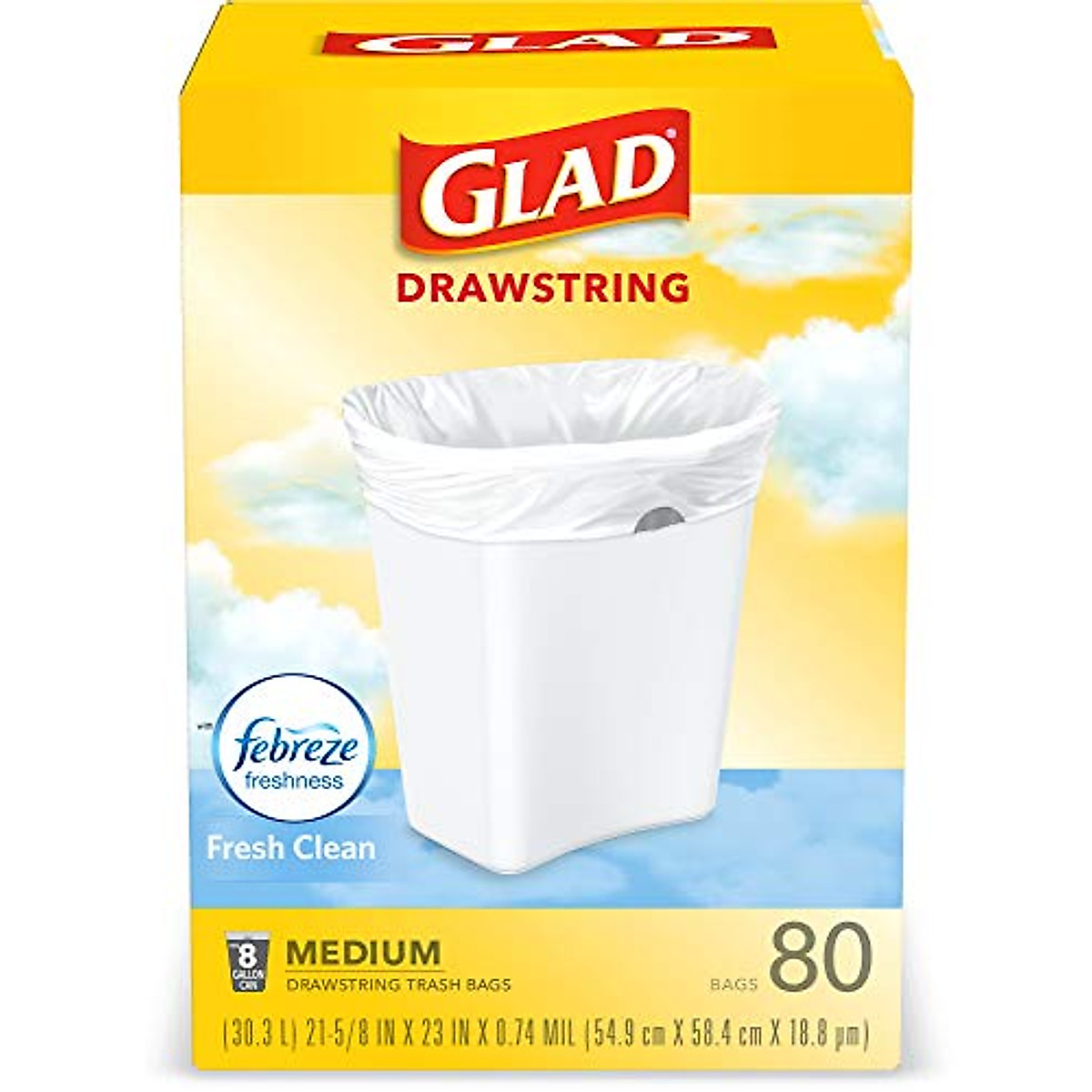 Glad Trash & Food Storage Medium Kitchen Drawstring Trash Bags 8 Gallon White Trash Bag, Fresh Clean Scent, 80 Count (Package May Vary)