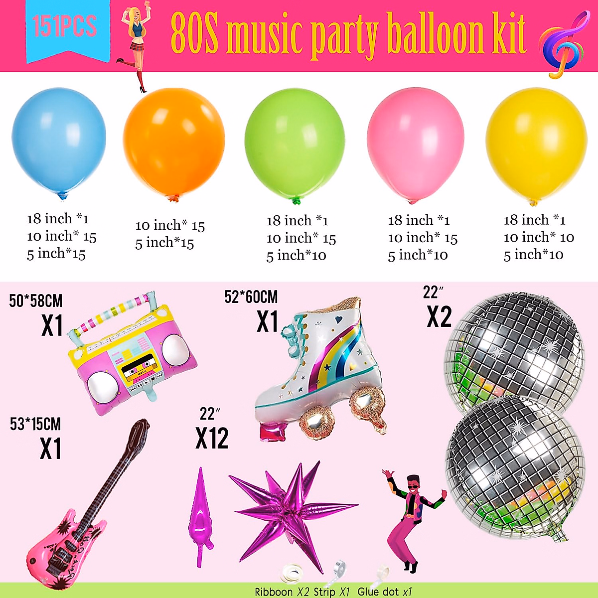 80S Music Themeballoon garland arch kit 150pcs hot pink blue green with guitar disco ball star mylar balloon for back to 80s 90s retro disco Birthday party graduation decorations