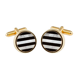 Cuff-Daddy Striped Onyx and Mother of Pearl Gold Cufflinks and Studs Round Formal Set with Presentation Gift Box Unique Fashion Designed French Cuff Links Mens Wedding Business Best Gifts for Men