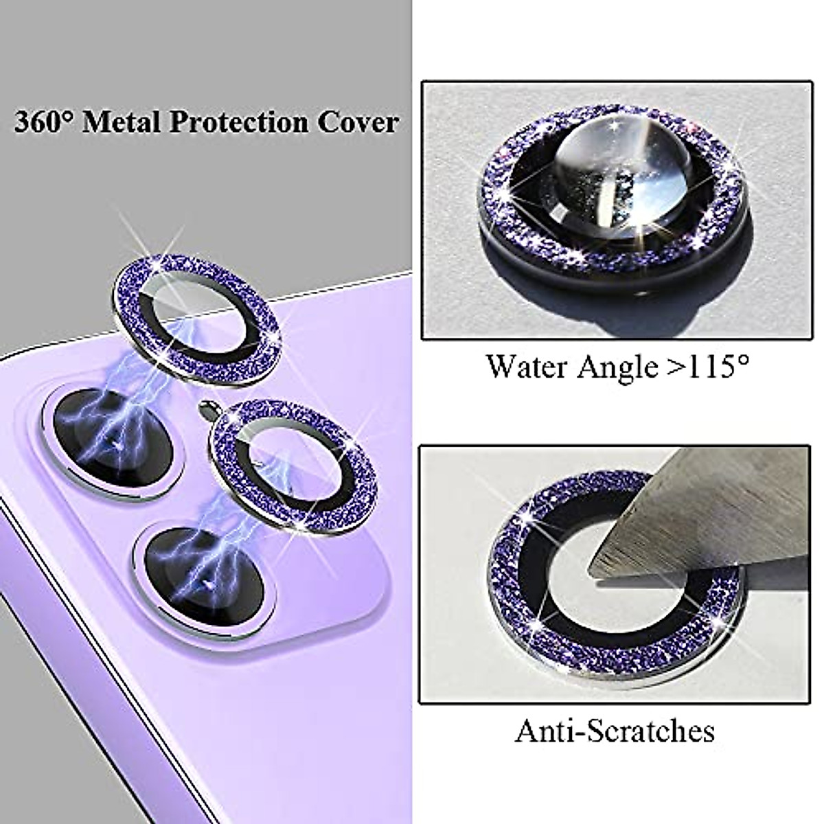 JOLOJO Bling Camera Lens Protector Compatible for iPhone 12(6.1")/12 Mini(5.4")/11(6.1") Ultra Thin/Clear Full Cover Metal Giltter Ring Anti-Scratch Tempered Glass Screen Protector - Purple Diamond