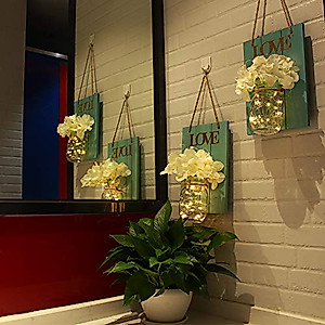 FineUsea Set of 2 Mason Jars Sconce, Rustic Home Decor Wall Wood Art Sconces Hydrangea Flowers LED Fairy Lights for Country House Office Dining Room Decor (Blue)