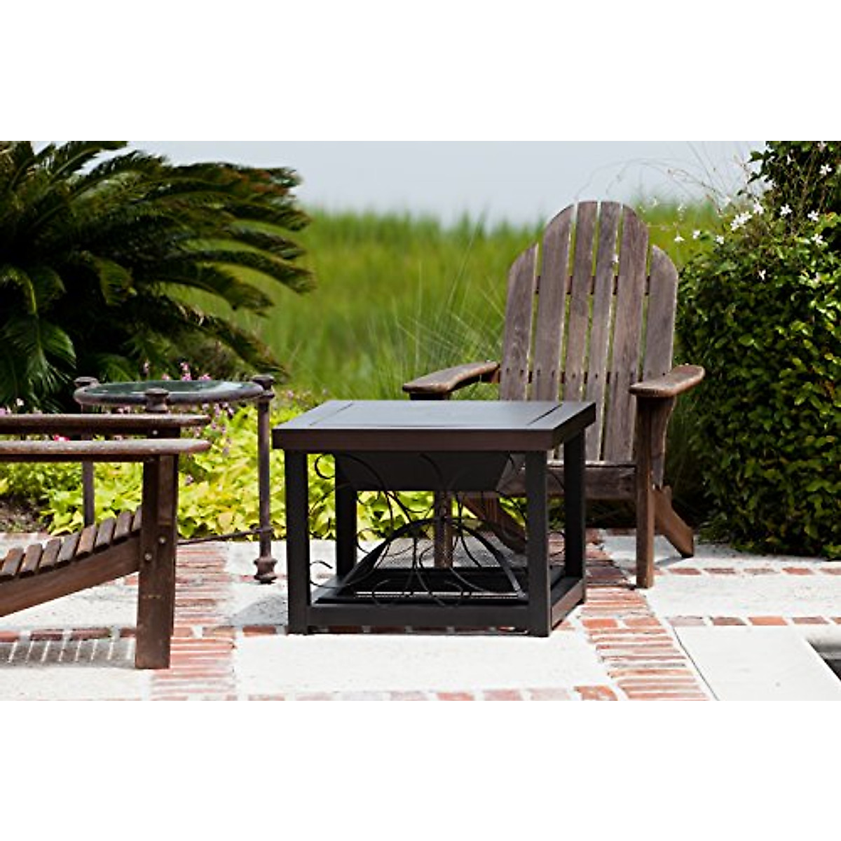 Fire Sense 61331 Fire Pit Cocktail Square Table Wood Burning Steel Mesh Spark Screen Wood Grate Screen Lift Steel Firepit with Log Storage Rack - Hammer Tone Bronze Finish