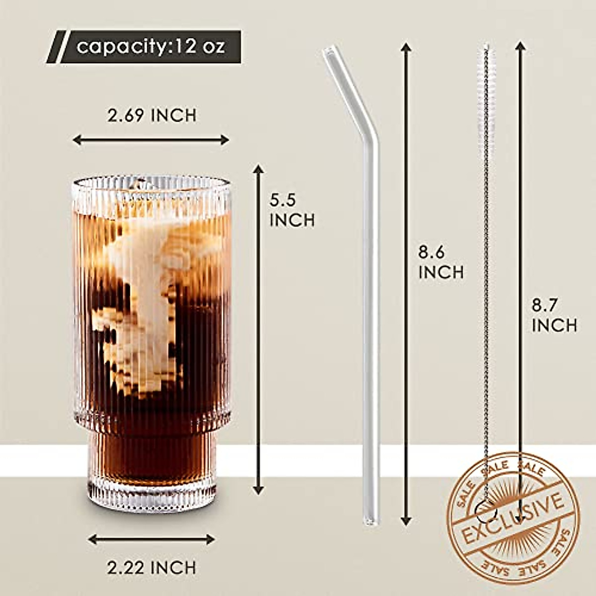 Gracenal Ribbed Glass Cups with Straws 12oz, Drinking Glasses Set of 4, Ribbed Glassware, Cocktail Glasses, Vintage Glassware, Whiskey Glasses, Coffee Bar Accessories, Iced Coffee Cups for Cute Gifts