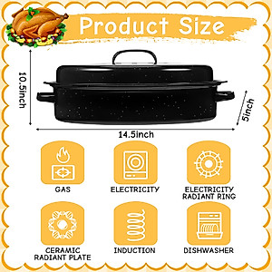 Tessco Roasting Pan 14.5 Inch Enamel Oval Turkey Roasting Pan with Lid 4.8 Quart Non Sticky Safe Spot Black Roaster Pot for Thanksgiving Gift Baking Turkey Cookware