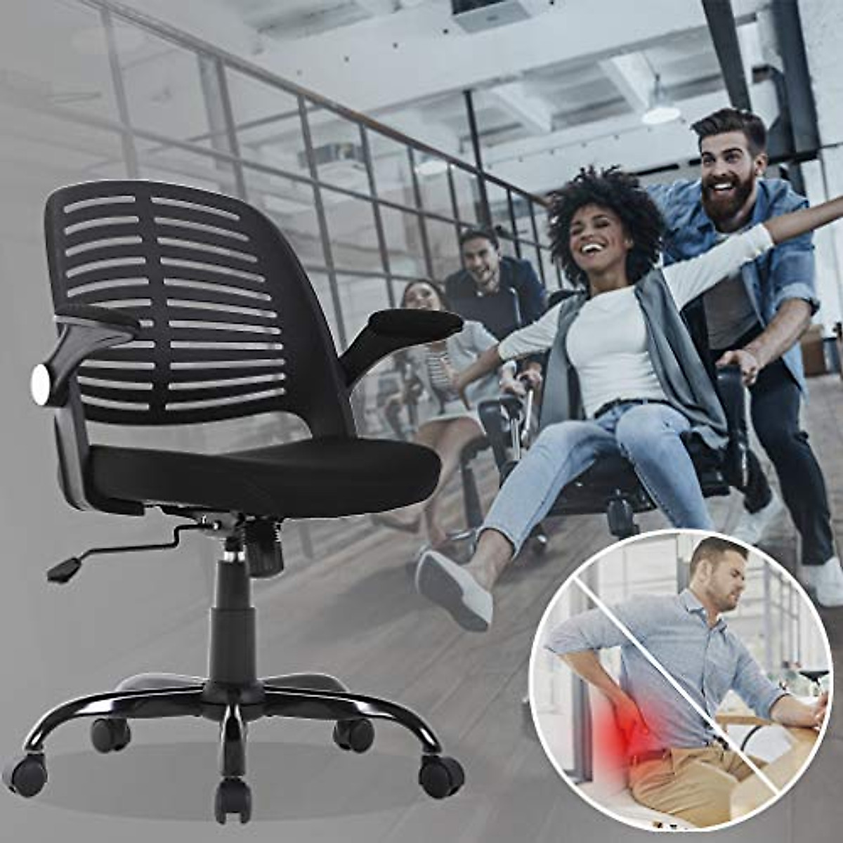 Office Chair Cheap Desk Chair Mesh Computer Chair with Lumbar Support Flip Up Arms Executive Mid Back Modern Ergonomic Chair for Adults Women Men,Black