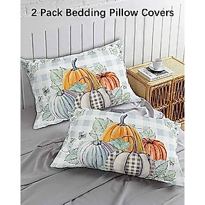 Thanksgiving Pillow Covers Standard Size Set of 2 Bed Pillow, Farmhouse Teal Plaid Fall Pumpkin Maple Leaves Plush Soft Comfort for Hair/ Skin Cooling Pillowcases with Envelop Closure 20''x26''