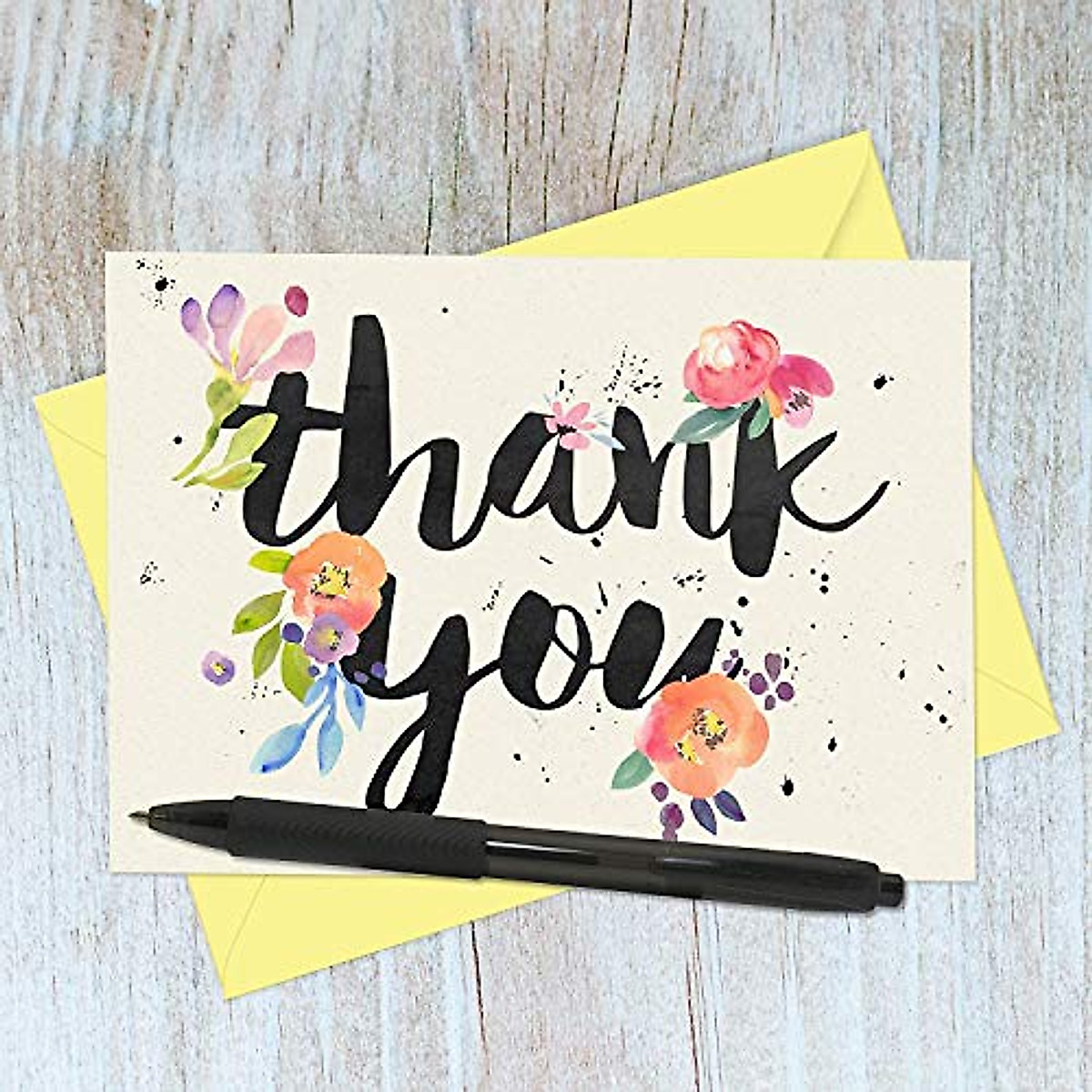 Fresh &amp; Lucky 40 Thank You Cards With Yellow Envelopes - Multiple Watercolor Floral Graphic Designs - Perfect For Wedding Gifts, Birthday Gift, Party Invitations, Business Events, Donation Events And Any Occasions