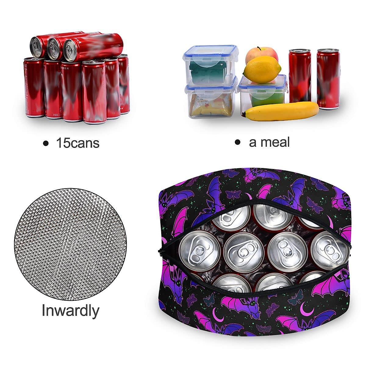 MNSRUU Lunch Bag Women Men, Purple Bat Gothic Portable Insulated Lunch Bag Reusable Thermal Meal Tote Cooler Bag Organizer for Adult Work with Handle