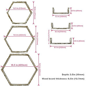 RR ROUND RICH DESIGN Wall Shelf Set of 6 - Rustic Wood 3 Hexagon Boxes and 3 Small Shelves for Free Grouping Driftwood Finish