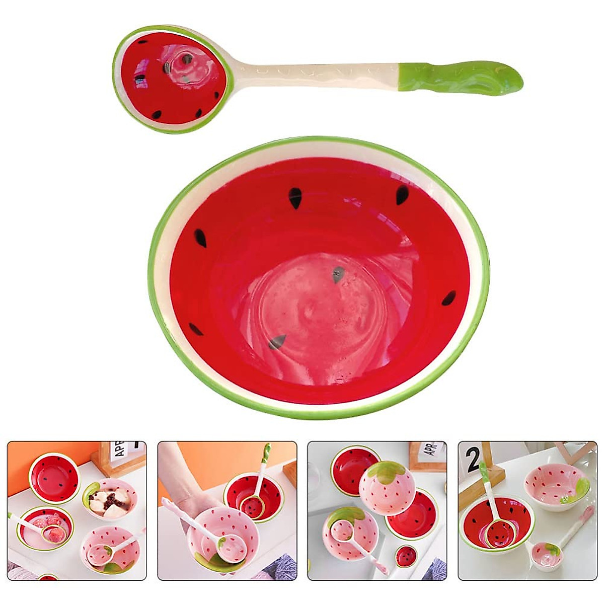 Rice Container 1 Set Dessert Bowl and Spoon Watermelon Shape Serving Bowls Ceramic Salad Bowls Kitchen Mixing Bowls Fruits Dish for Cereal Pasta Snack Appetizer Food Container Japanese