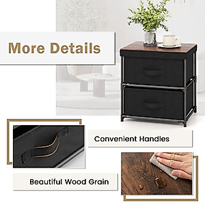 Giantex Nightstand with 2 Fabric Drawers, Small Storage Dresser with Metal Frame and Wood Top for Closet, 2-Drawer Bedside Table with Removable Lid for Bedroom Dorm, Easy Assembly (1, Black)