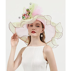 RZTA Women's Kentucky Derby Church Dress Hat Wide Brim Leaf Flower Bridal Shower Hat E3-Beige,Pink