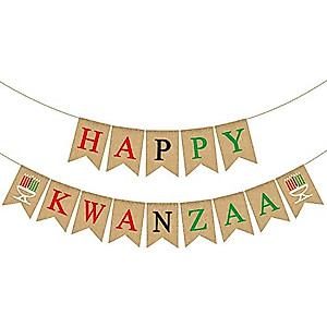 Rainlemon Jute Burlap Happy Kwanzaa Banner Rustic African Heritage Holiday Party Mantel Fireplace Decoration Supply