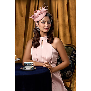 BABEYOND Fascinators Hat Veil Feather Hair Clip Tea Party Kentucky Pillbox Derby Bridal for Wedding Nude Pink