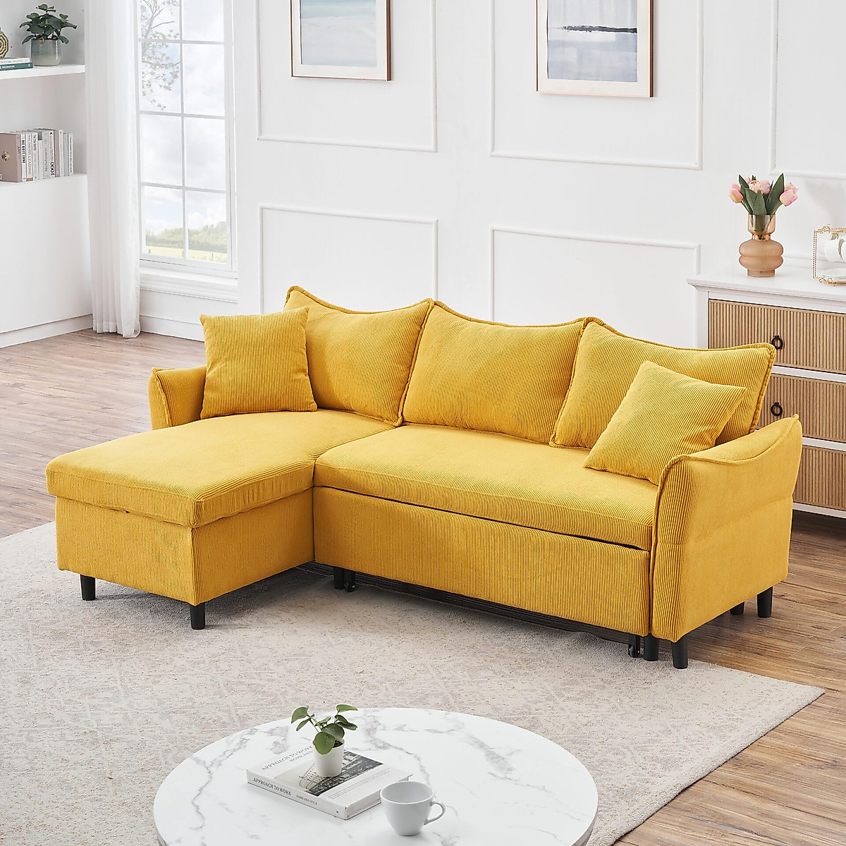 TURRIDU Convertible Sectional Sofa with Pull-Out Bed and Storage Chaise Lounge, L-shaped Corduroy Upholstered Reversible Couch with 2 Throw Pillows for Living Room, Apartment (Yellow)