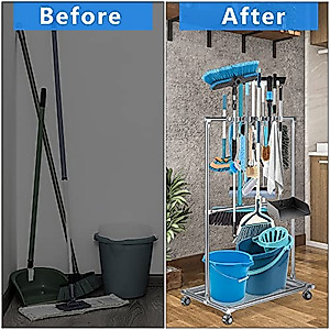 Broom Holder Organizer Movable Closet Storage Cabinet Mop Rack Floor Standing Cleaning Tool Cart For Garden Garage Schools Hotels Hospitals Factories Property Companies Restaurant (10 Racks)