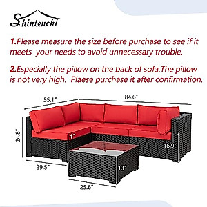 Shintenchi 5 Pieces Outdoor Patio Sectional Sofa Couch, Black PE Wicker Furniture Sets, Patio Conversation Sets with Washable Cushions Glass Coffee Table for Garden, Poolside, Backyard,Red