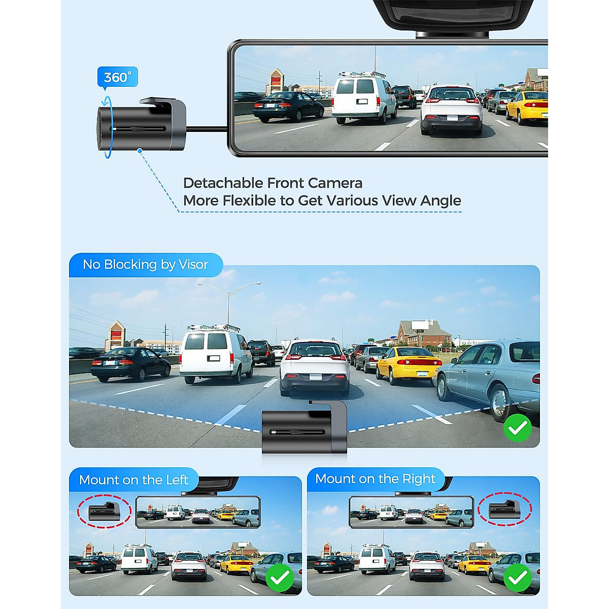 AZDOME 12" Mirror Dash Cam with 4K Detached Front Camera, Rear View Mirror Camera with Sony IMX335, WDR Night Vision, GPS, IPS Full Touch Split Screen, Free 64GB Card, Parking Assistance PG18S