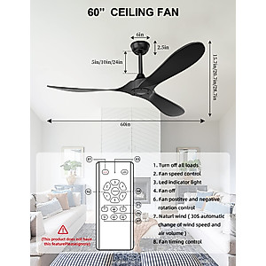 BECLOG Ceiling Fan With Remote Control,Indoor/Outdoor Ceiling Fans with Noiseless DC Motor and 3 Downrods.60inches,Ceiling Fans No Lights Plastic Fan Blade Black