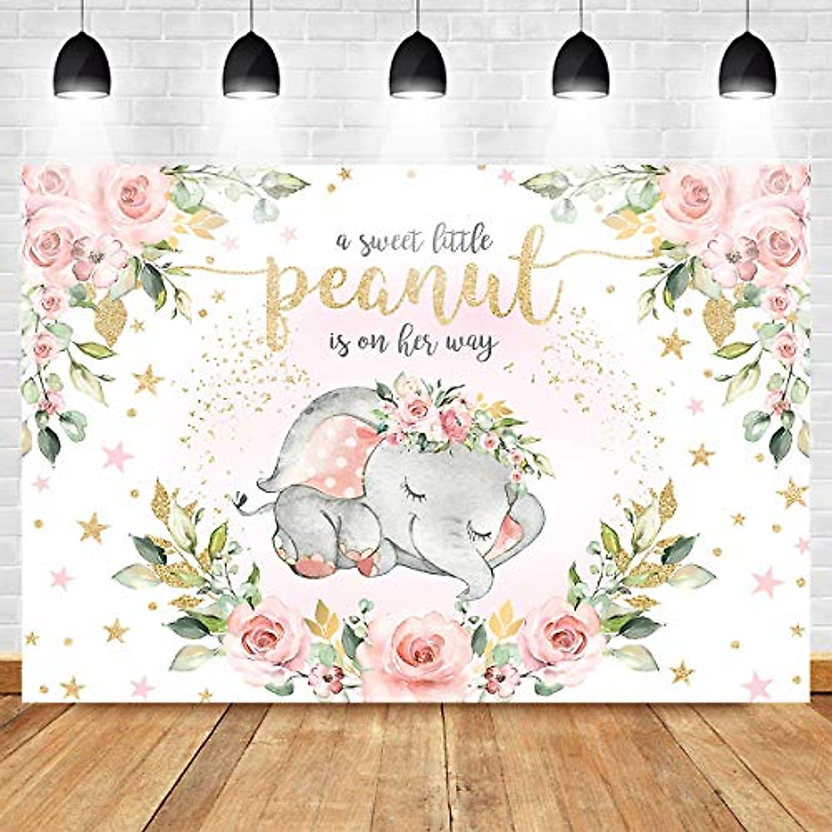 Mocsicka Baby Girl Elephant Baby Shower Backdrop Pink Floral Sweet Little Peanut is on Her Way Photo Backdrops Cute Elephant Party Cake Table Photography Background (7x5ft)