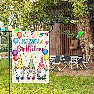 Louise Maelys Happy Birthday Garden Flag 12x18 Double Sided Vertical, Burlap Small Farmhouse Welcome Birthday Gnome Cake Garden Yard House Flags for Birthday Party Gift Porch Lawn Sign Decoration (ONLY FLAG)
