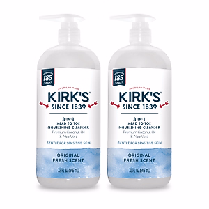 Kirk's 3-in-1 Head to Toe Nourishing Liquid Cleanser- for Men, Women & Children - Premium Coconut Oil & Aloe Vera- Non GMO & Vegan -Original Fresh Scent - 32 Fl Oz