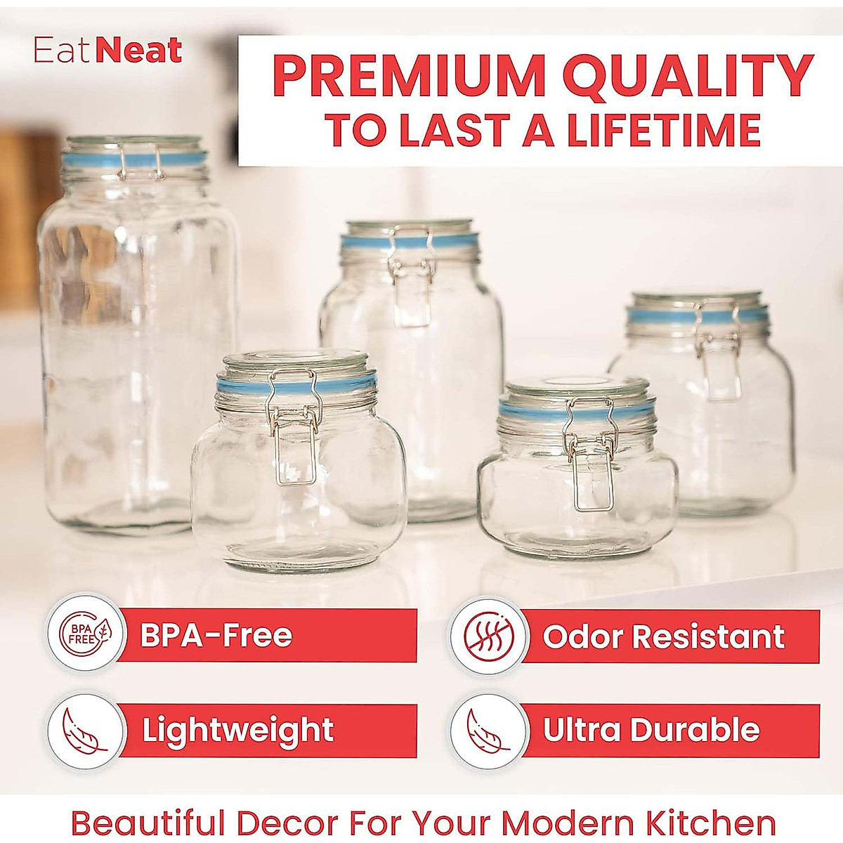 EATNEAT 5-Piece Airtight Glass Kitchen Canisters with Glass Lids - Set of 5 Mason Jars for Food Storage, Organization, and Canning - Food Storage Containers that Hold 68, 51, 34, 27, and 17 Ounces