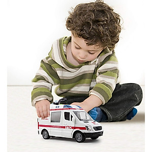 Vokodo Rescue Ambulance Friction Powered 1:16 Scale with Lights and Sounds Kids Medical Transport Emergency Vehicle Push and Go Durable Toy Car Pretend Play Van Great Gift for Children Boys Girls