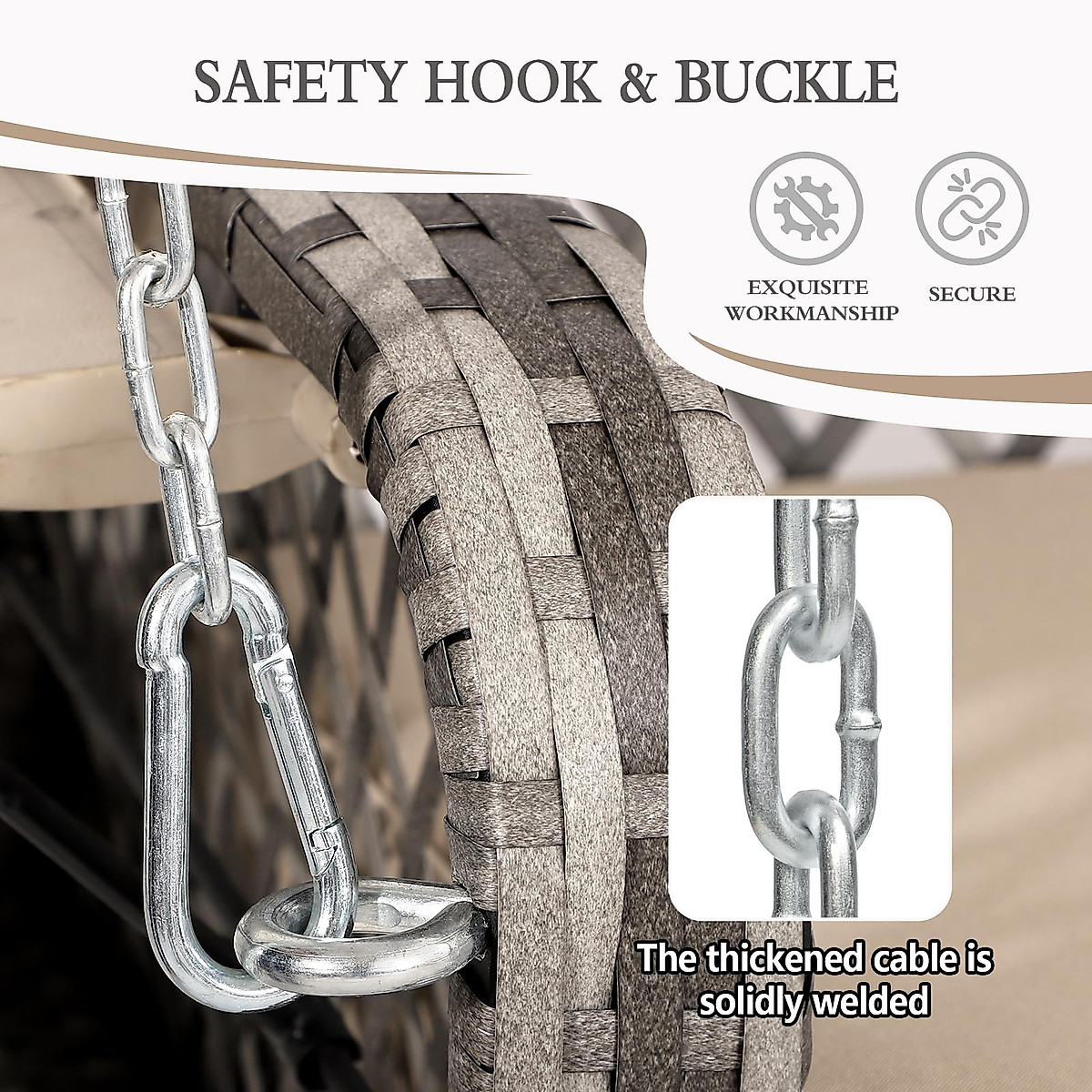 MAGIC UNION 3-Person Wicker Hanging Porch Swing, Patio Outdoor Rattan Swing Bench W/ 3 Back Cushions & 1 Seat Cushion, Sturdy Steel Chain for Deck, Backyard, Garden