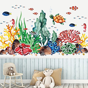 Creative Removable 3D Under The Sea Wall Sticker Ocean Life Coral Grass Wall Decal Peel and Stick Fish Sea Turtle Whale Wall Decor for Kids Bedroom Bathroom Nursery Living Room Wall Corner Decoration