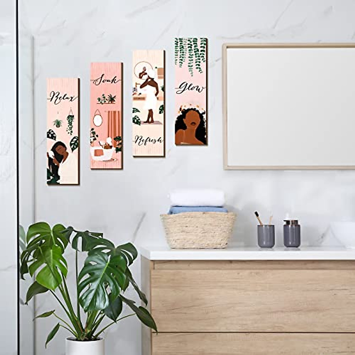 4 Pieces Bathroom Wall Decor Pink Bathroom Decor Boho Bathroom Decor Bathroom Decor Wall Art Print Black Women Bathroom Signs African American Wood Plaque Bathroom Hanging Decors for Home Girls Spa
