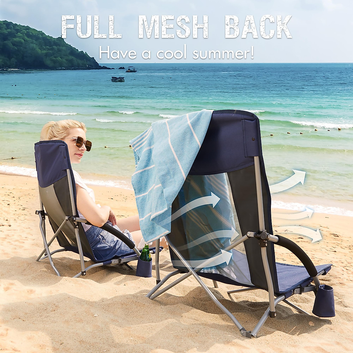 PORTAL Beach Chairs for Adults 2 Pack High Back Low Folding Camping Chair Portable Lightweight with Cup Holder for Travel, Concert, Lawn, Festival, Support 350lbs